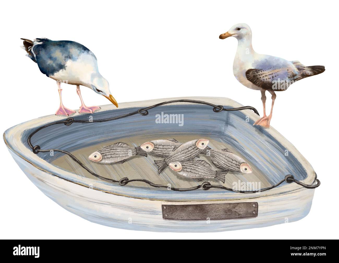 Drawing of seagulls with fish and boat on a white background. High ...