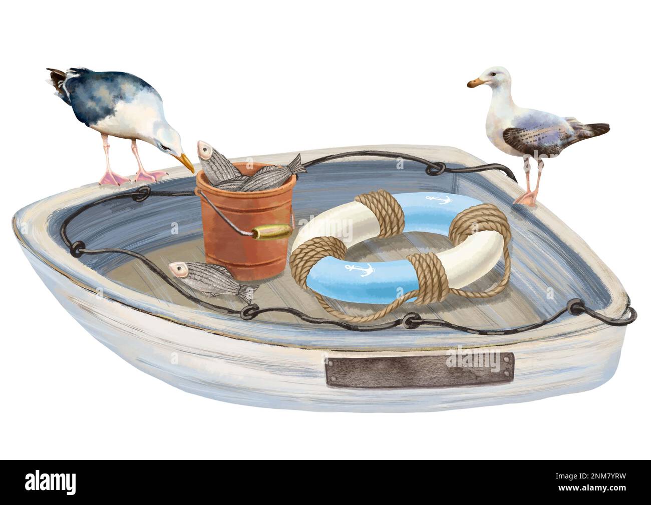 Drawing of seagulls with fish and boat on a white background. High ...