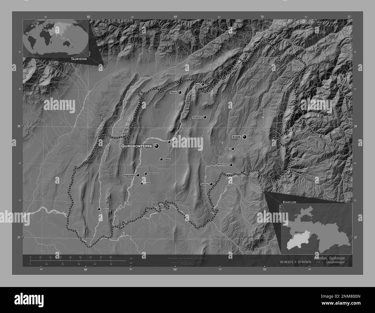 Khatlon, region of Tajikistan. Bilevel elevation map with lakes and ...