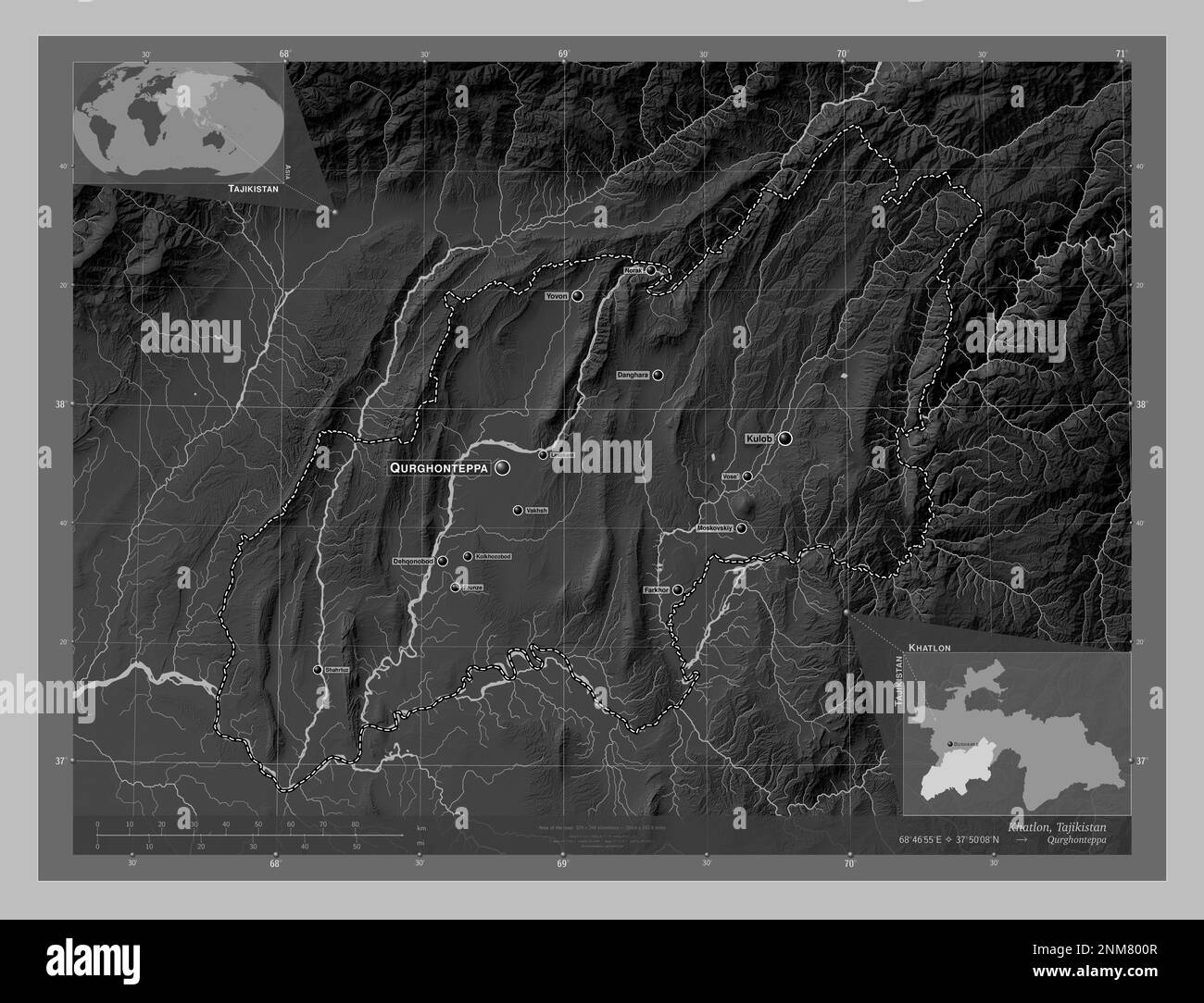 Khatlon, region of Tajikistan. Grayscale elevation map with lakes and ...