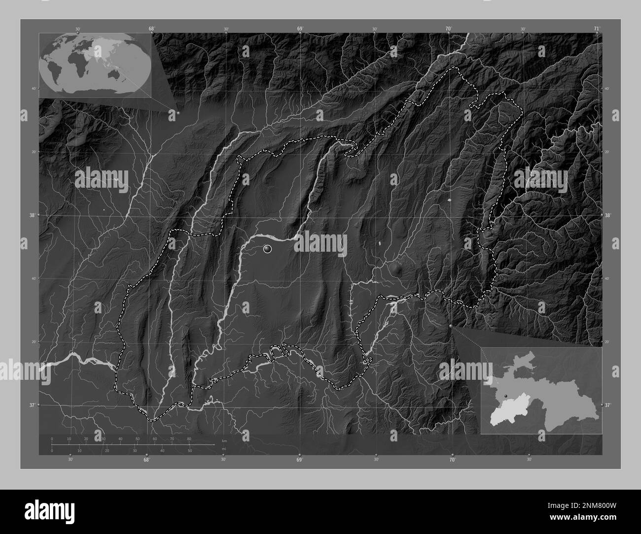 Khatlon, region of Tajikistan. Grayscale elevation map with lakes and ...