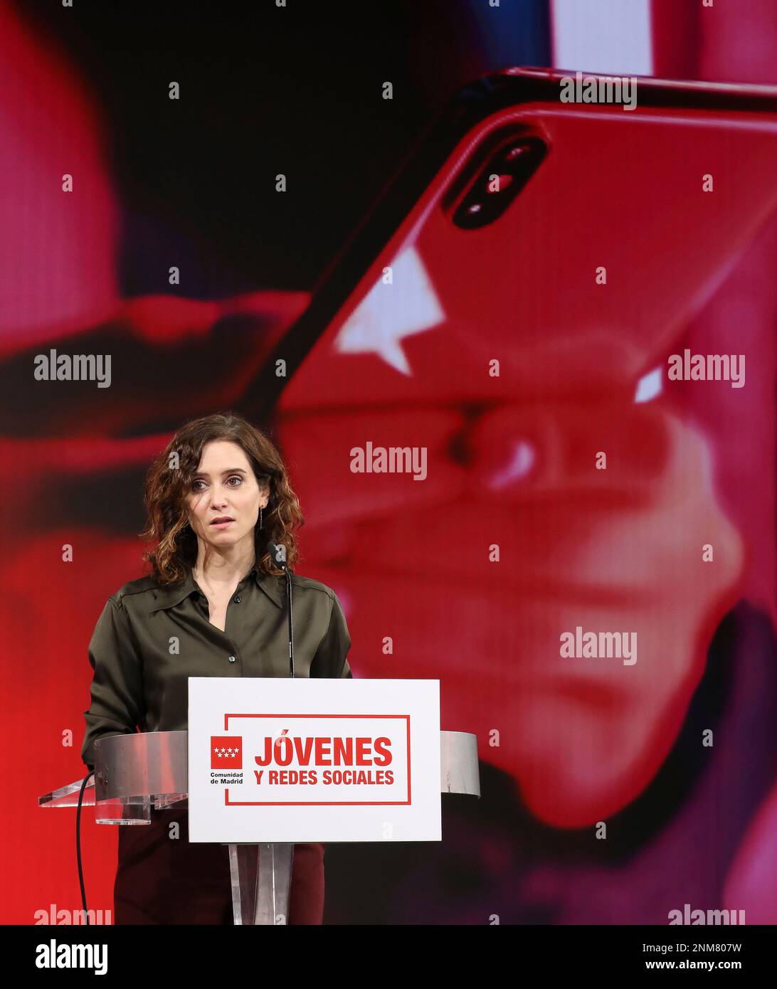 The President of the Community of Madrid, Isabel Díaz Ayuso, speaks at ...