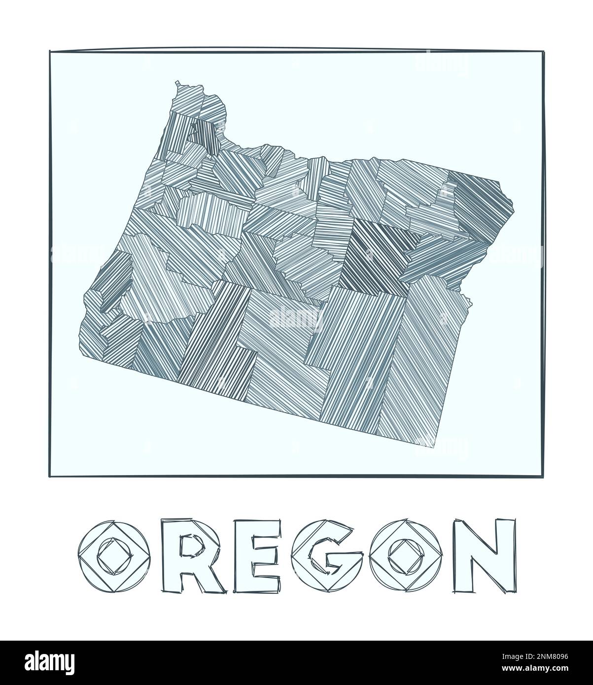 Sketch map of Oregon. Grayscale hand-drawn map of the US state. Filled ...
