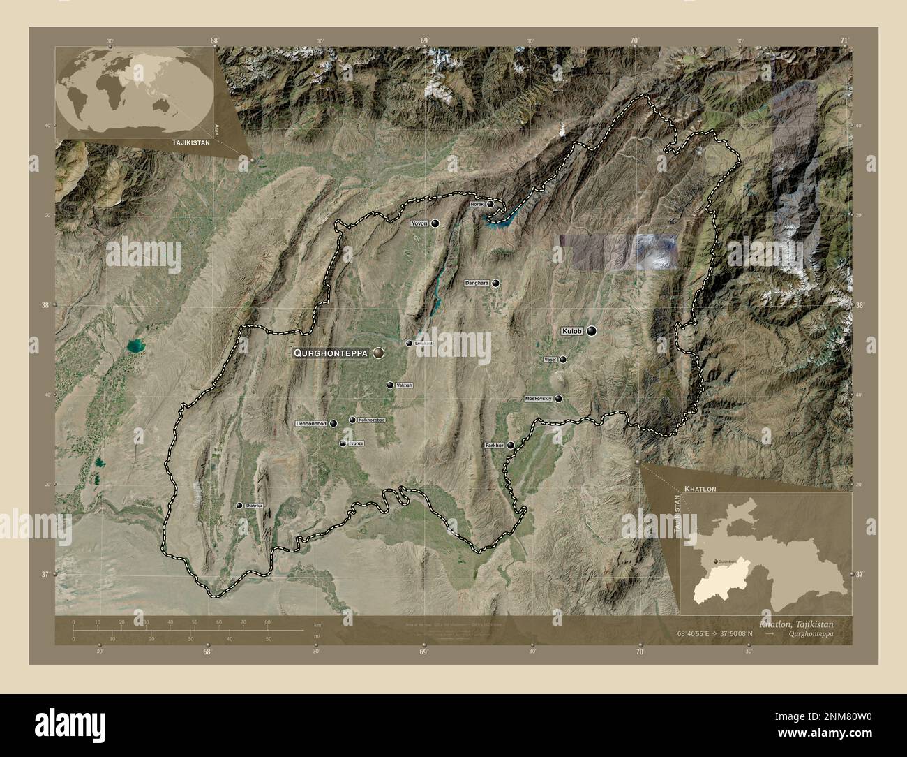 Khatlon, region of Tajikistan. High resolution satellite map. Locations ...