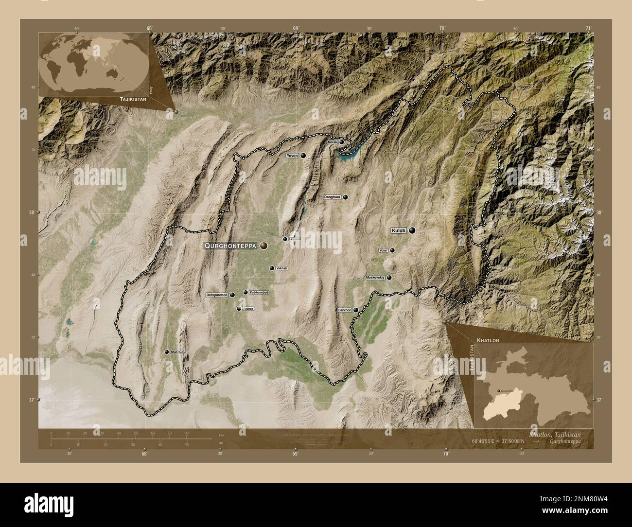 Khatlon, region of Tajikistan. Low resolution satellite map. Locations ...