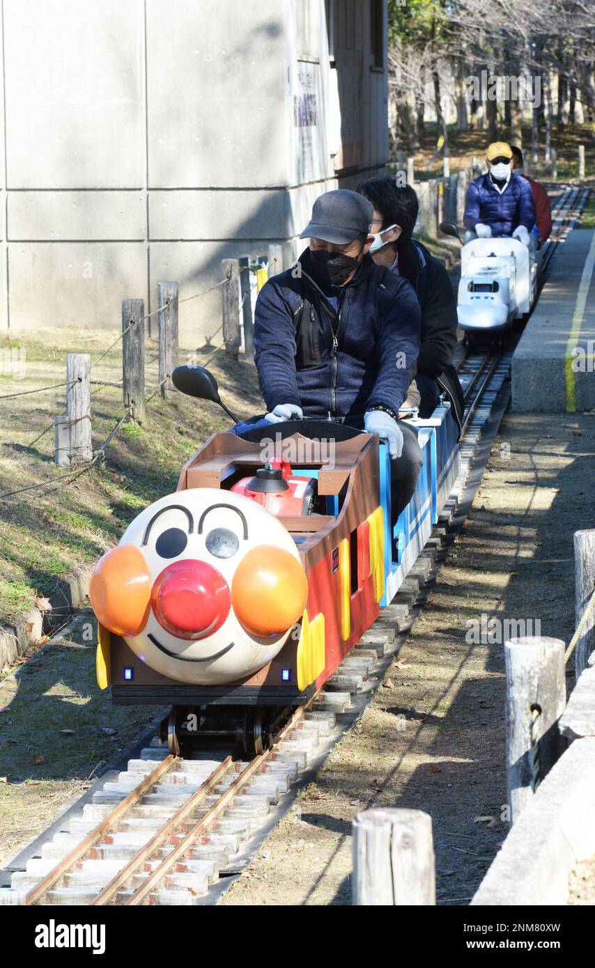 Visitors ride mini-SL (Steam Locomotive) and shinkansen bullet train at ...