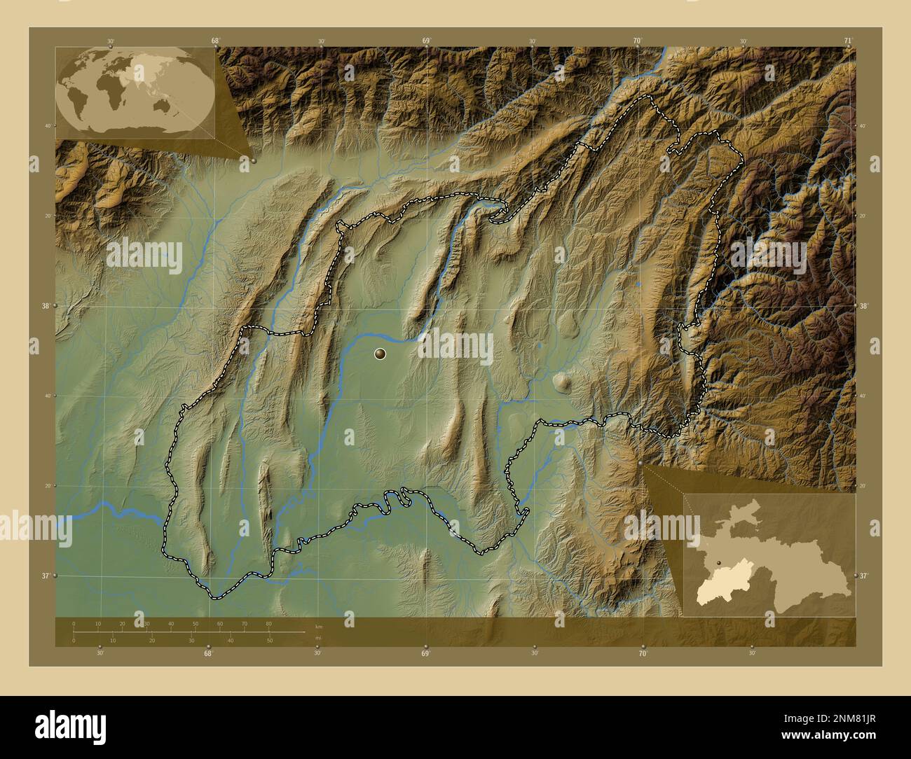 Khatlon, region of Tajikistan. Colored elevation map with lakes and ...