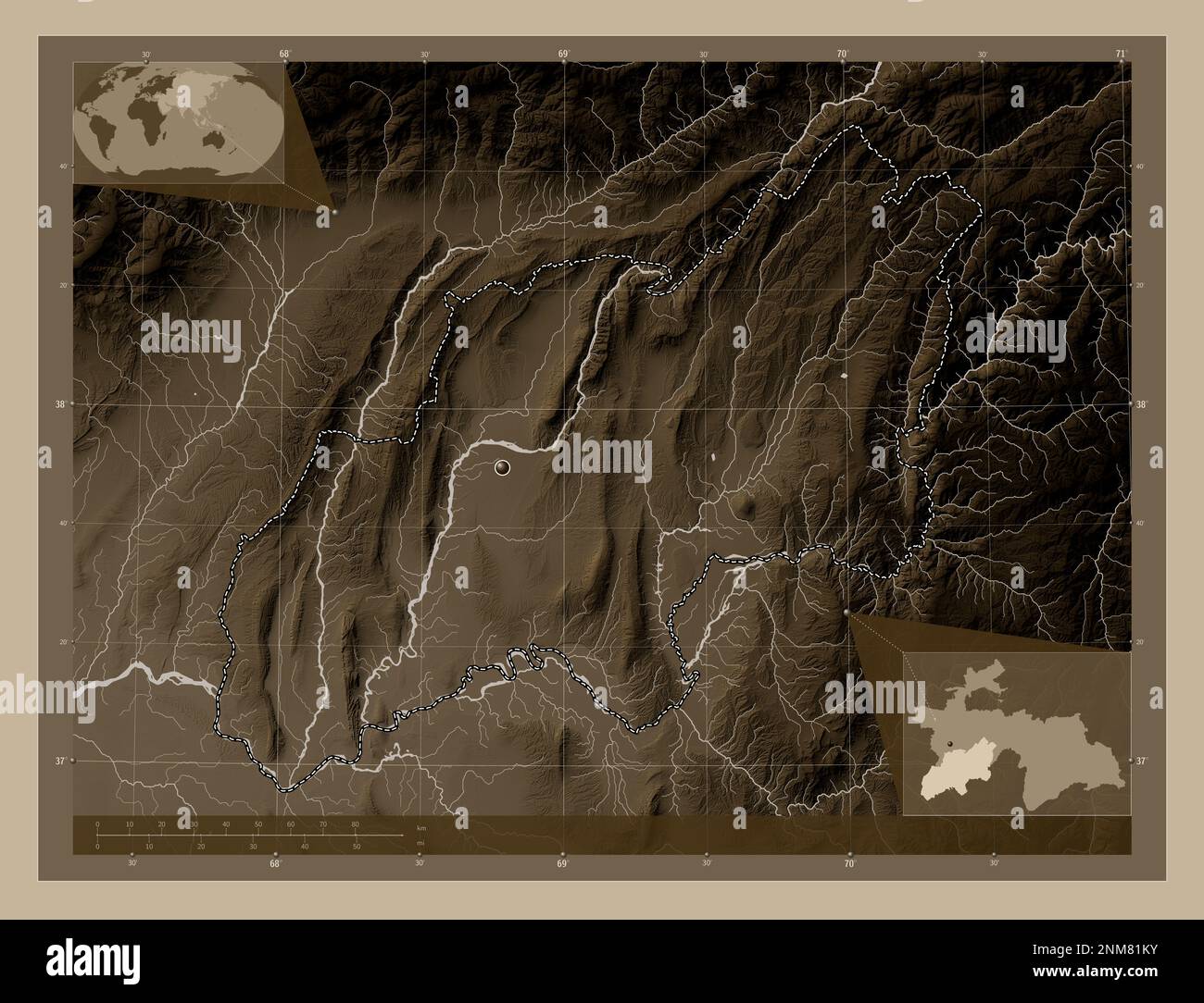 Khatlon, region of Tajikistan. Elevation map colored in sepia tones ...