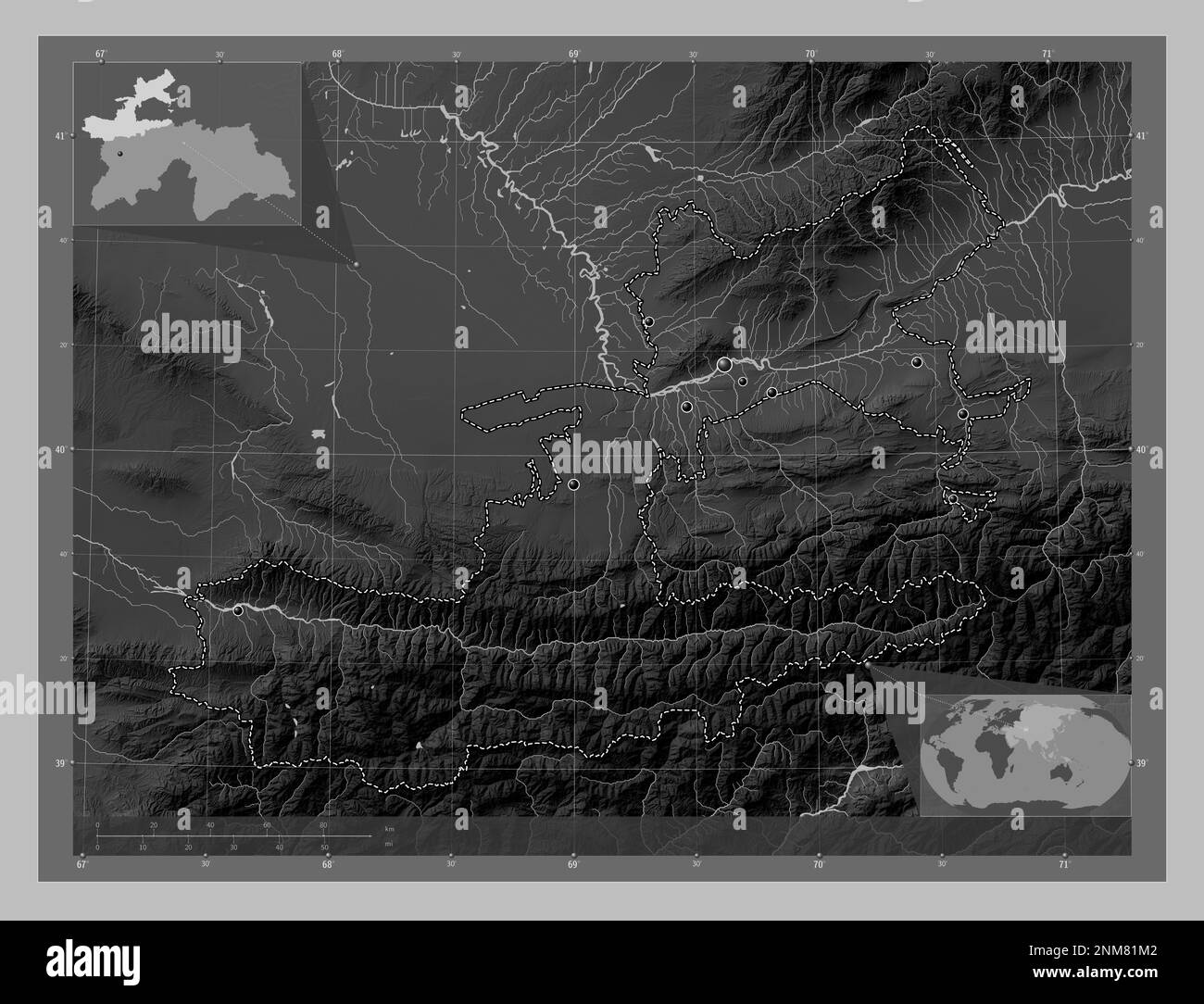 Sughd, region of Tajikistan. Grayscale elevation map with lakes and ...