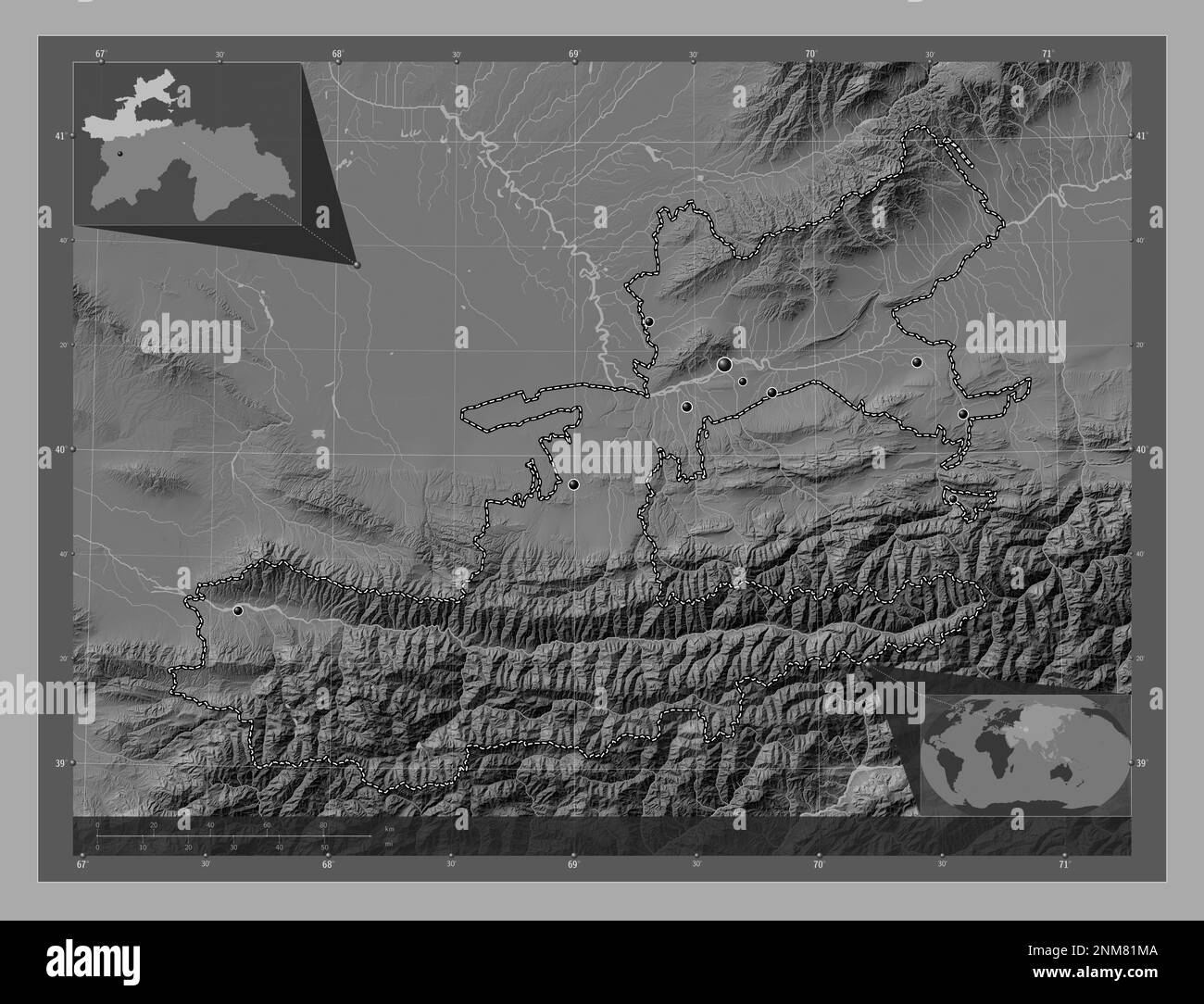 Sughd, region of Tajikistan. Bilevel elevation map with lakes and ...