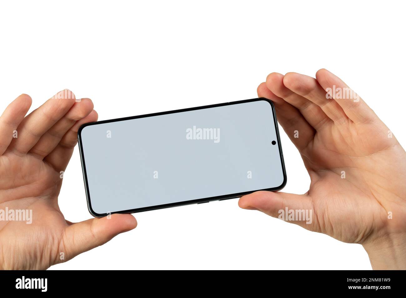 Blank empty smartphone horizontal screen in hands front view isolated ...