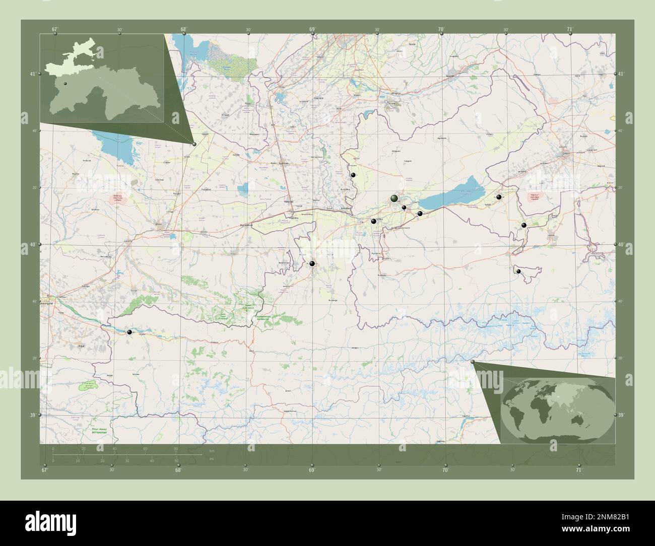Sughd, region of Tajikistan. Open Street Map. Locations of major cities ...