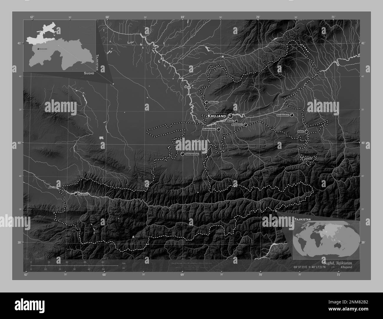 Sughd, region of Tajikistan. Grayscale elevation map with lakes and ...