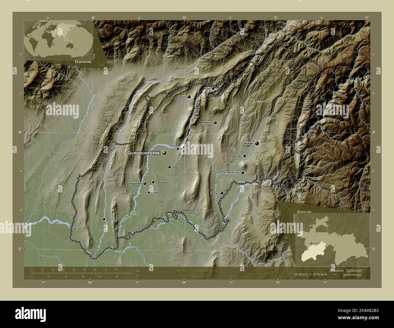 Khatlon, region of Tajikistan. Elevation map colored in wiki style with ...