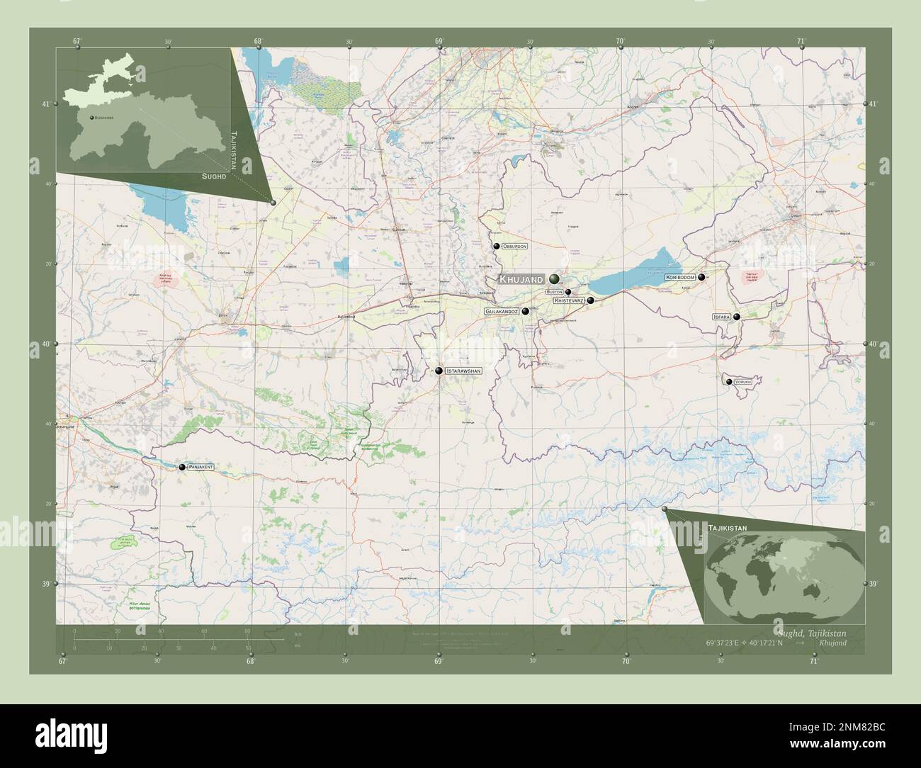 Sughd, region of Tajikistan. Open Street Map. Locations and names of ...