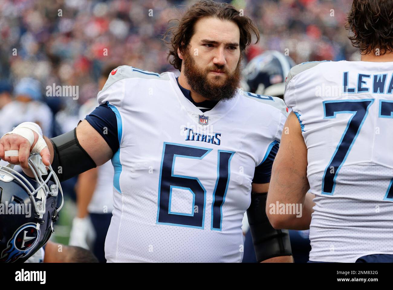 FOXBOROUGH, MA - NOVEMBER 28: Tennessee Titans offensive guard Corey Levin (61) during a game ...