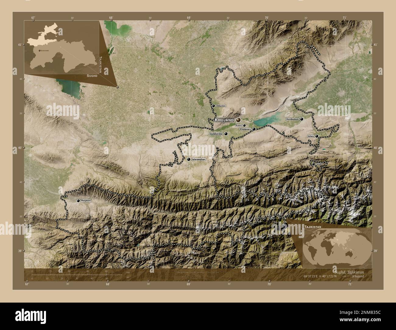 Sughd, region of Tajikistan. Low resolution satellite map. Locations ...