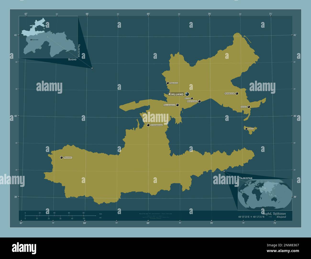 Sughd, region of Tajikistan. Solid color shape. Locations and names of ...