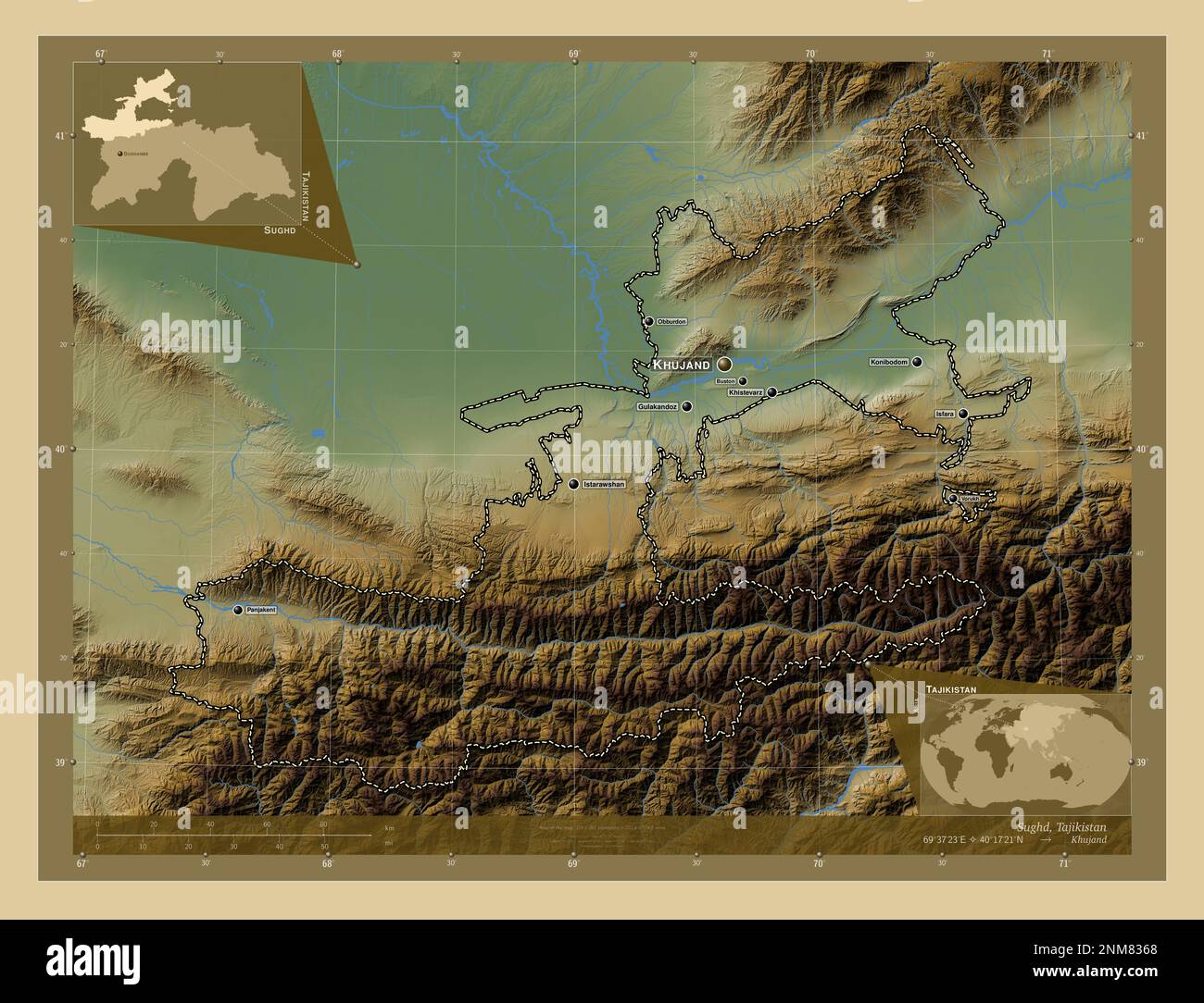 Sughd, region of Tajikistan. Colored elevation map with lakes and ...