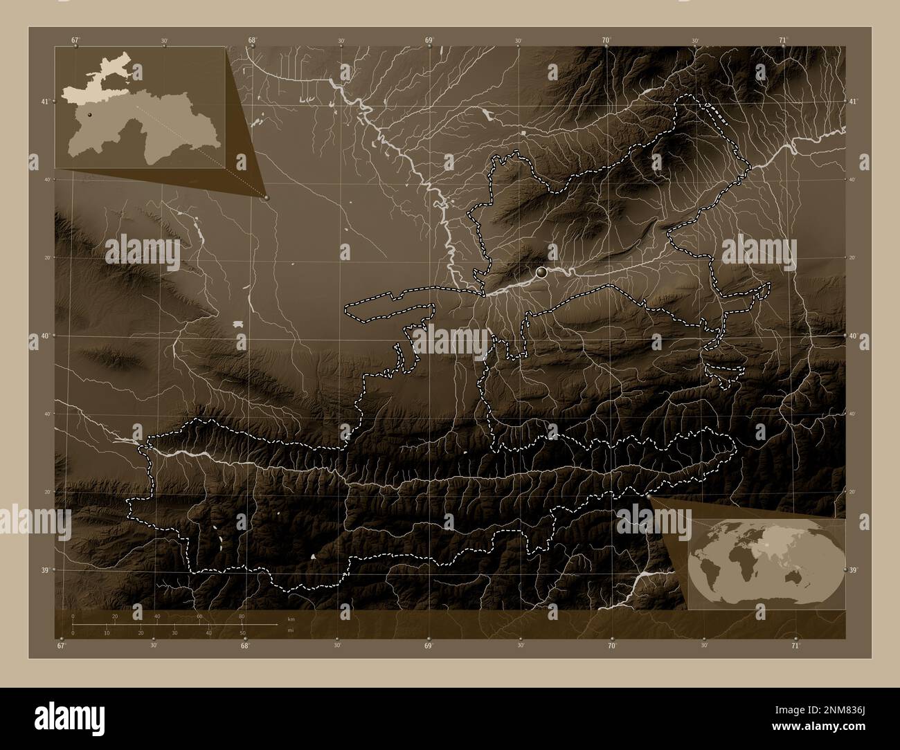 Sughd, region of Tajikistan. Elevation map colored in sepia tones with ...