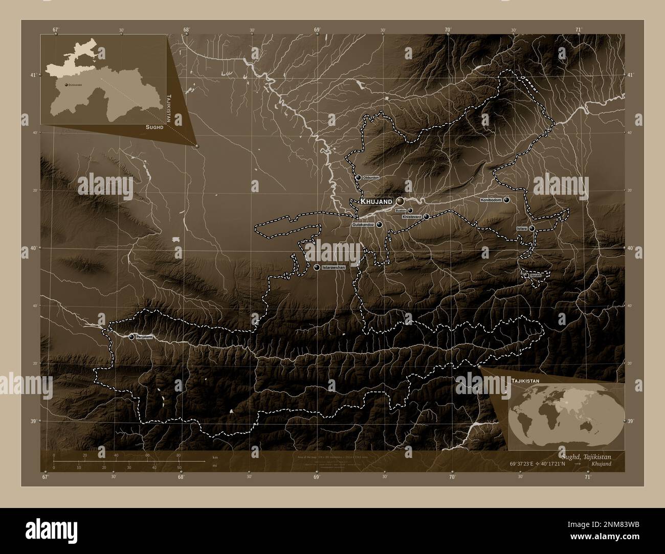 Sughd, region of Tajikistan. Elevation map colored in sepia tones with ...