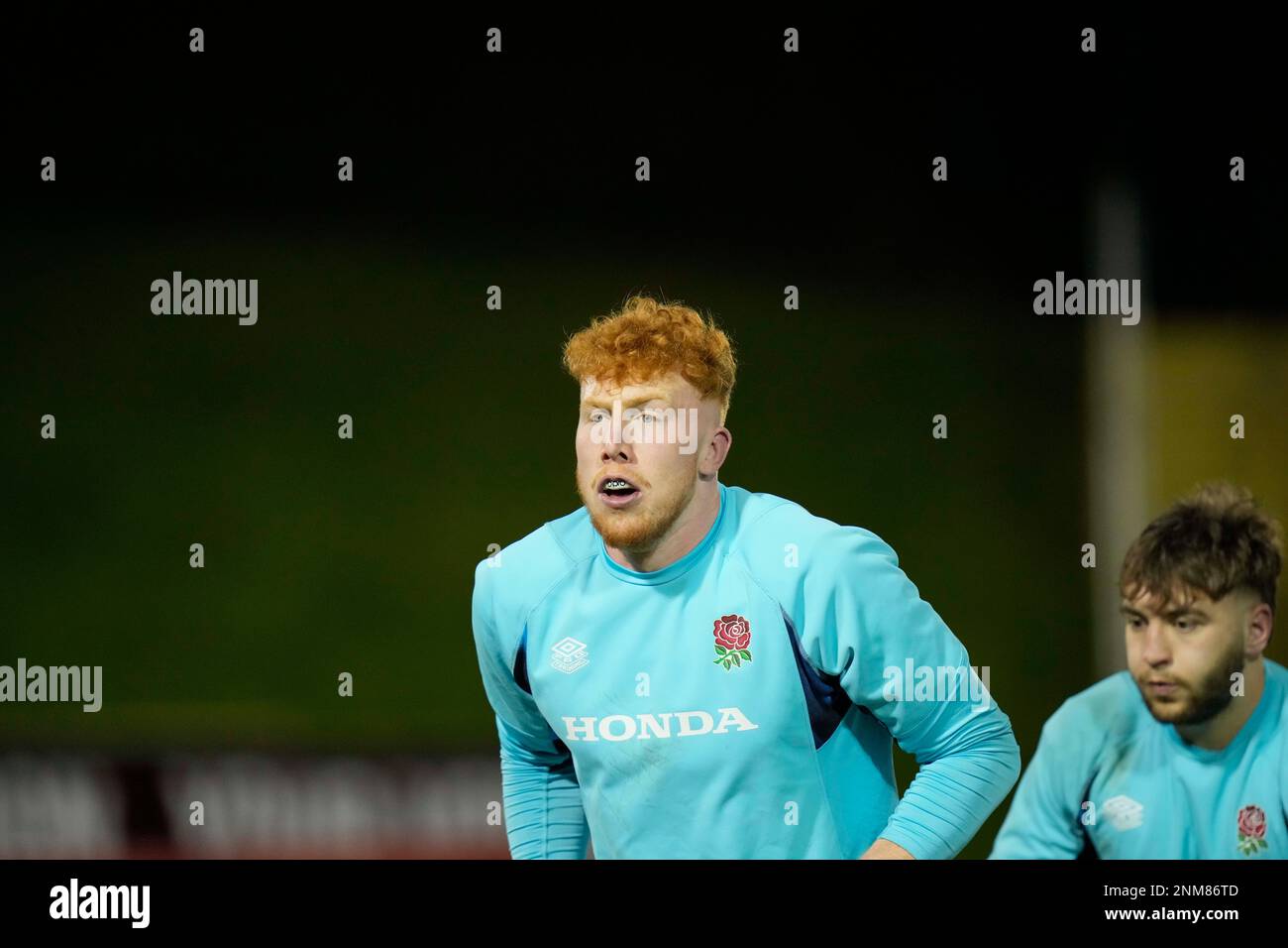 Lewis Chessum of England U20's warms up before the 2023 U20 Six Nations ...