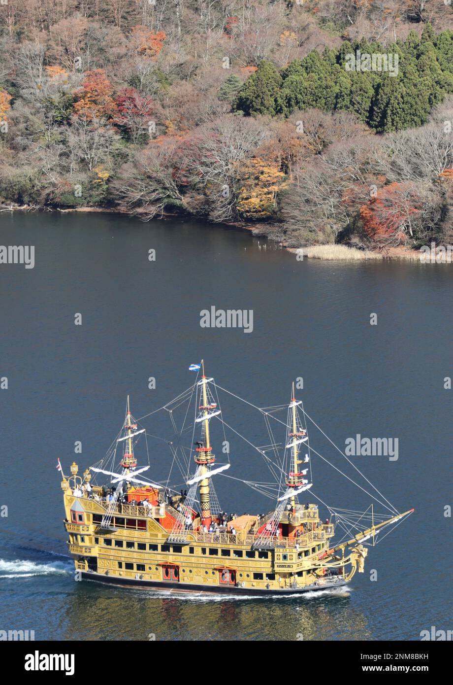 An aerial photo shows a cruise ship on Ashinoko Lake in Hakone Town ...