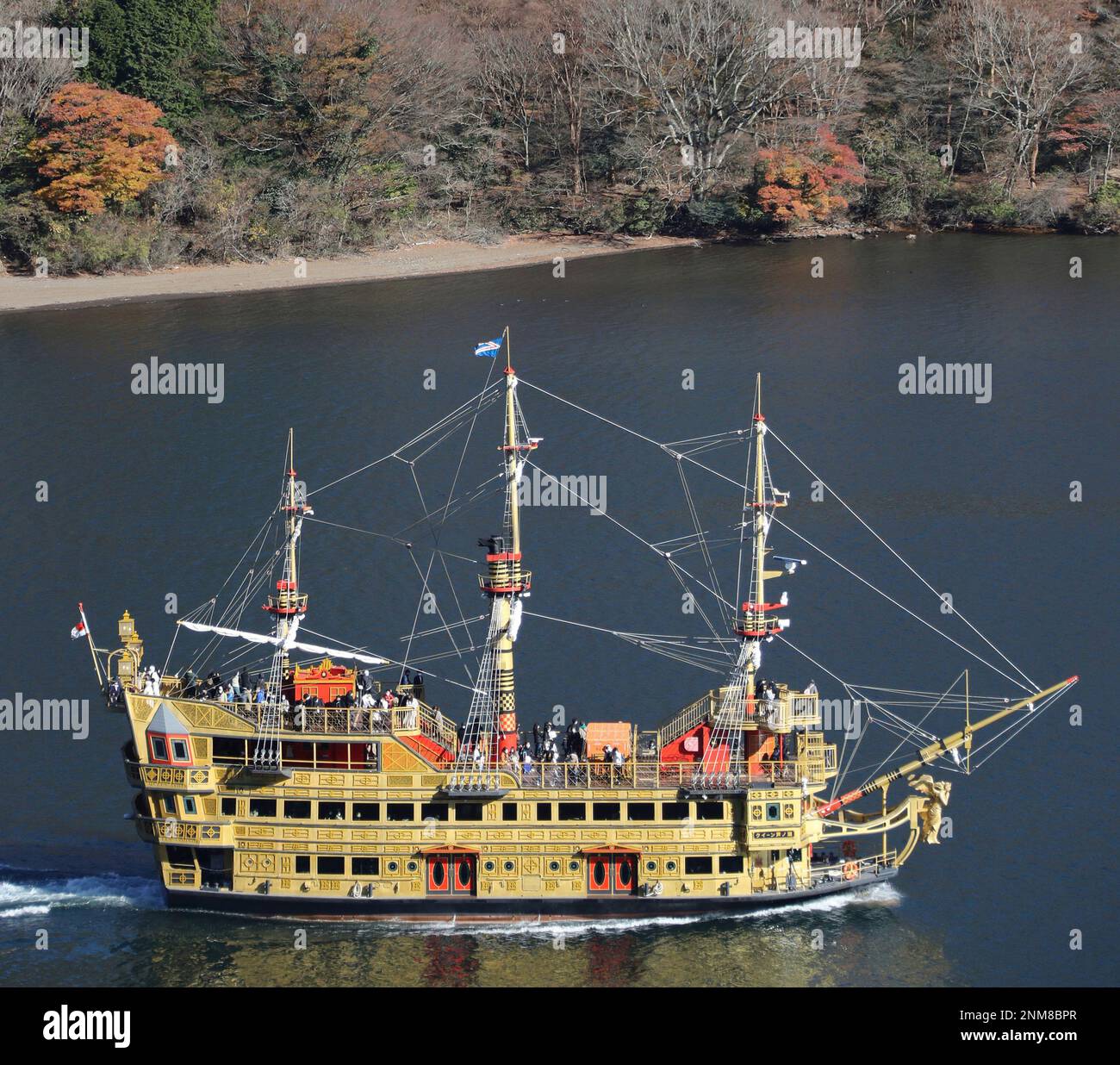 An aerial photo shows a cruise ship on Ashinoko Lake in Hakone Town ...