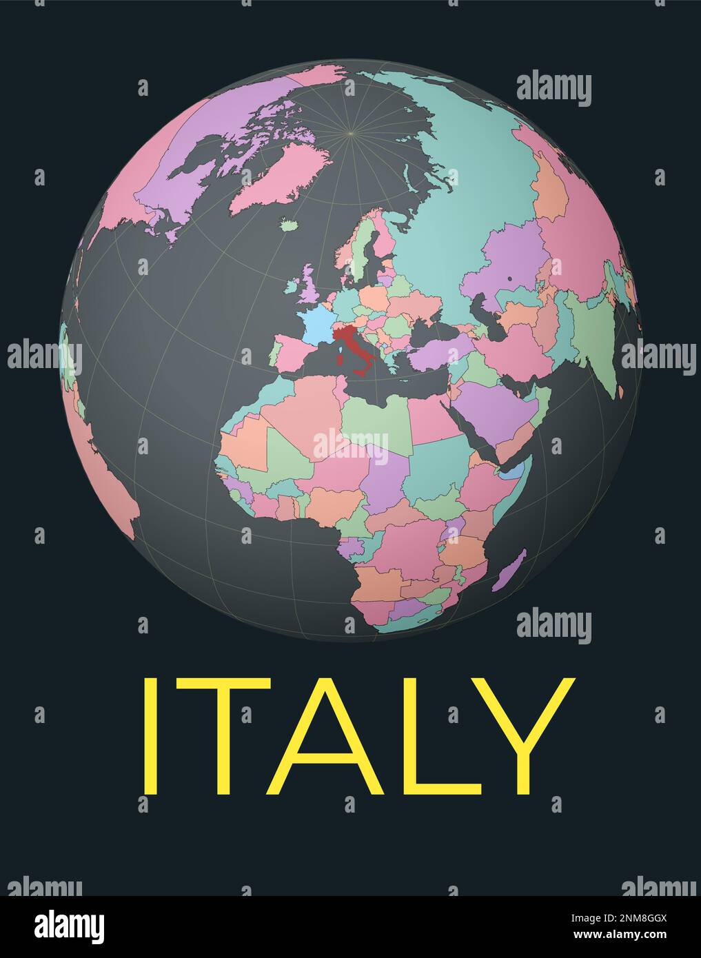 World map centered on Italy. Red country highlighted. Satellite world ...
