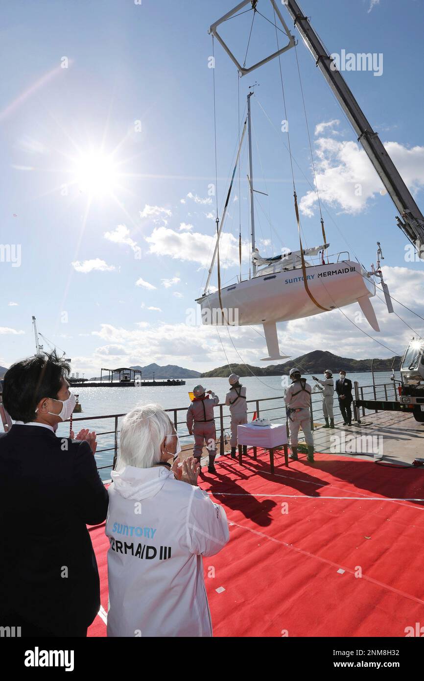 Kenichi Horie，a Japanese yachtsman, attends a launching ceremony of his ...