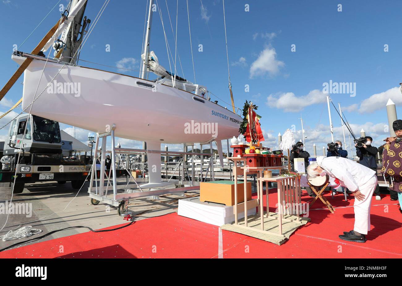 Kenichi Horie，a Japanese yachtsman, attends a launching ceremony of his ...