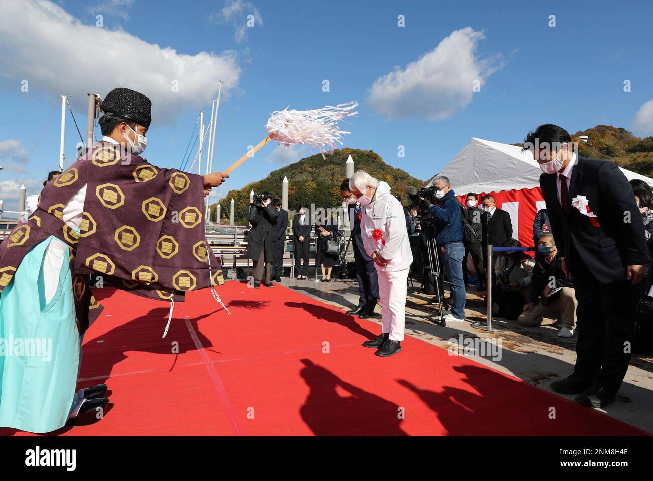 Kenichi Horie，a Japanese yachtsman, attends a launching ceremony of his ...