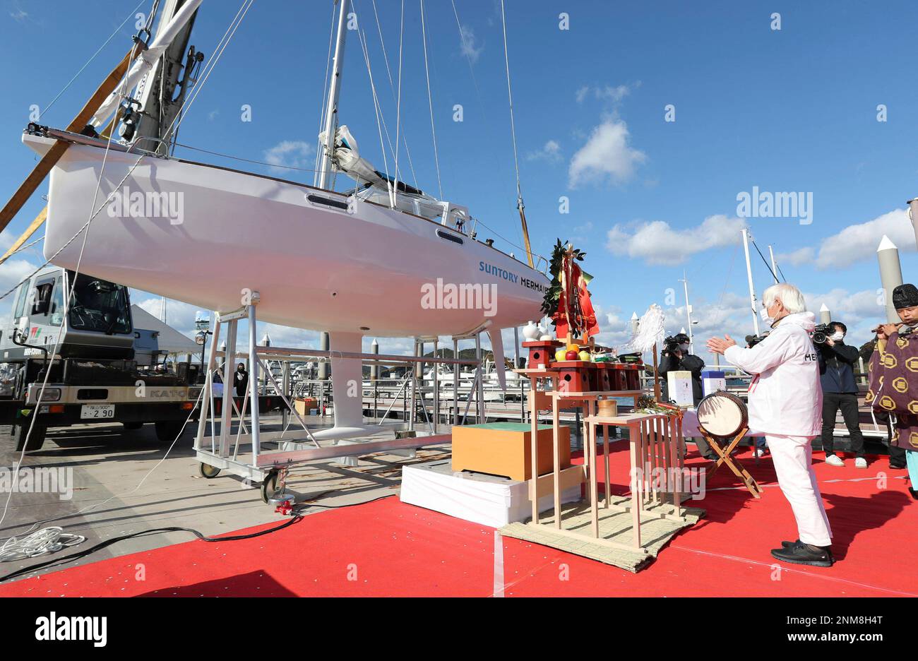 Kenichi Horie，a Japanese yachtsman, attends a launching ceremony of his ...