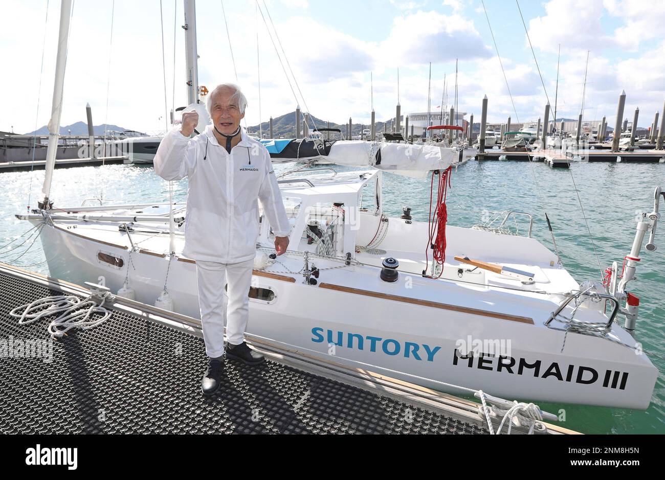 Kenichi Horie， a Japanese yachtsman, poses for a photo in front of his ...