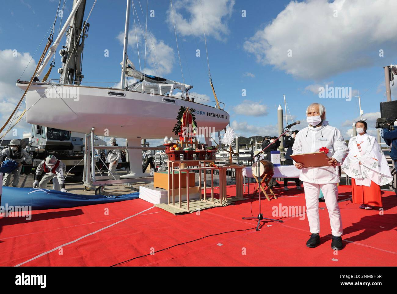 Kenichi Horie，a Japanese yachtsman, attends a launching ceremony of his ...