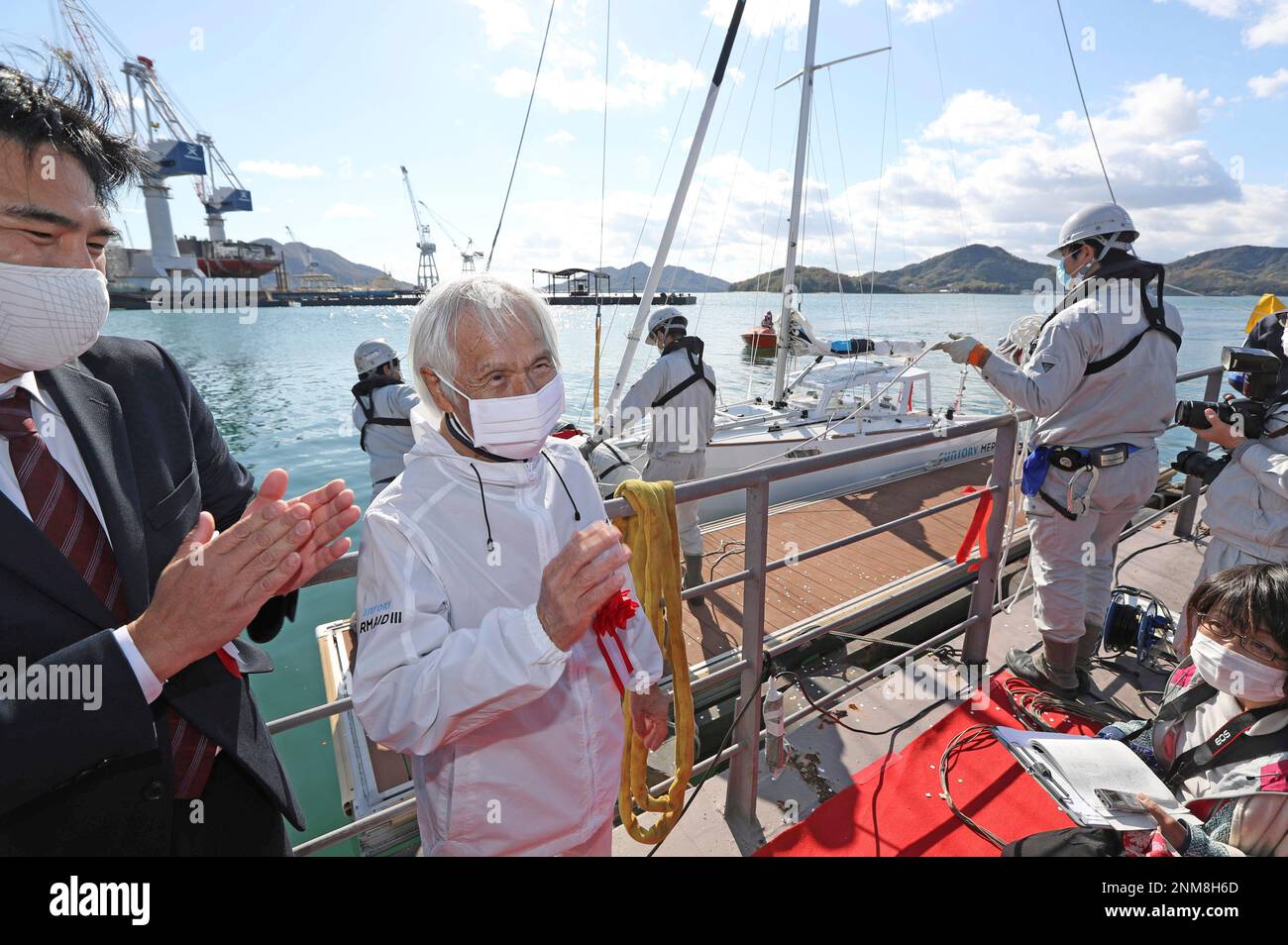 Kenichi Horie，a Japanese yachtsman, attends a launching ceremony of his ...