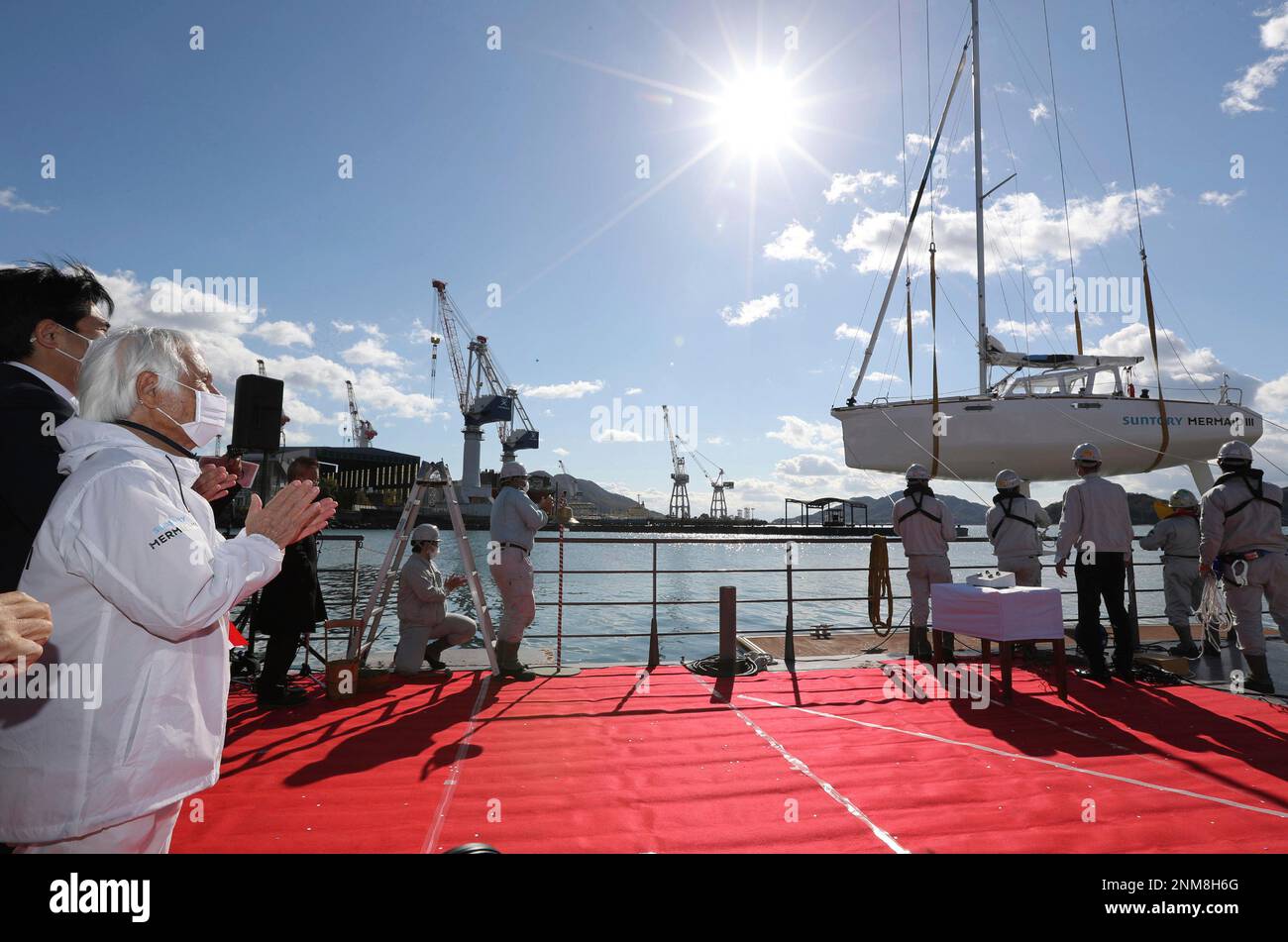Kenichi Horie，a Japanese yachtsman, attends a launching ceremony of his ...