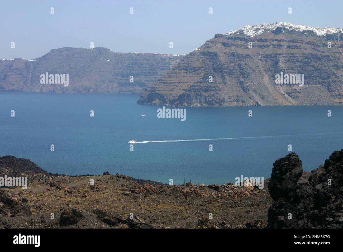 View of Santorini main island taken from the volcano in the caldera ...