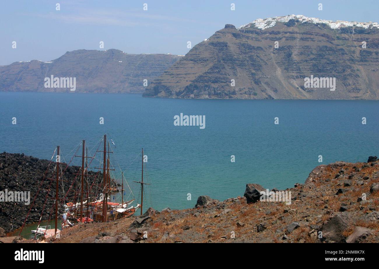 View of Santorini main island taken from the volcano in the caldera ...