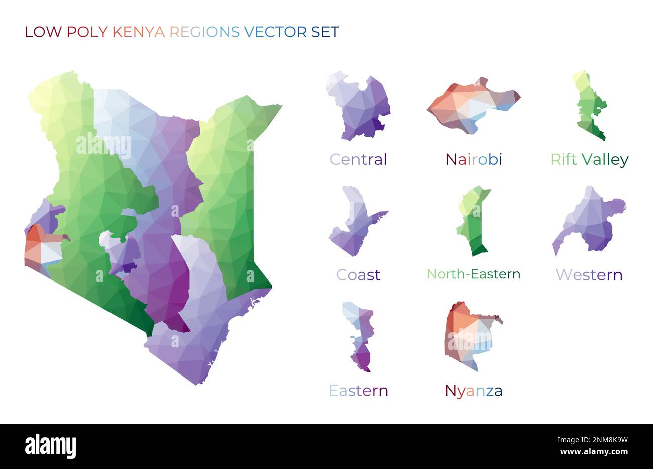 Kenyan low poly regions. Polygonal map of Kenya with regions. Geometric ...