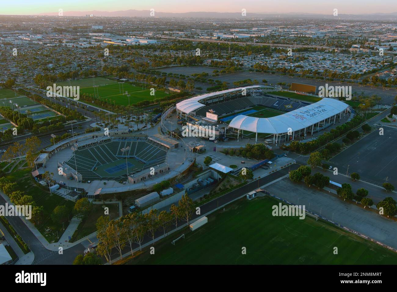 An aerial view of Dignity Health Sports Park soccer and tennis stadiums ...