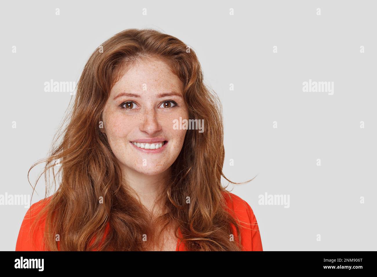 Beauty fashion portrait of beautiful cheerful smiling redhead woman ...