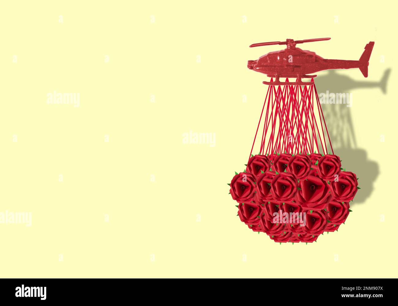 helicopter with flowers rose bouquet, creative holiday design, yellow ...