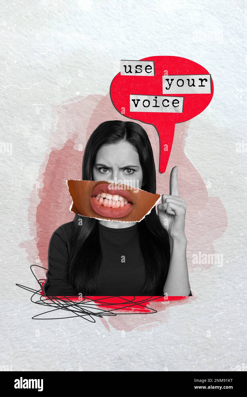 Creative weird template collage of caricature lady with angry facial ...