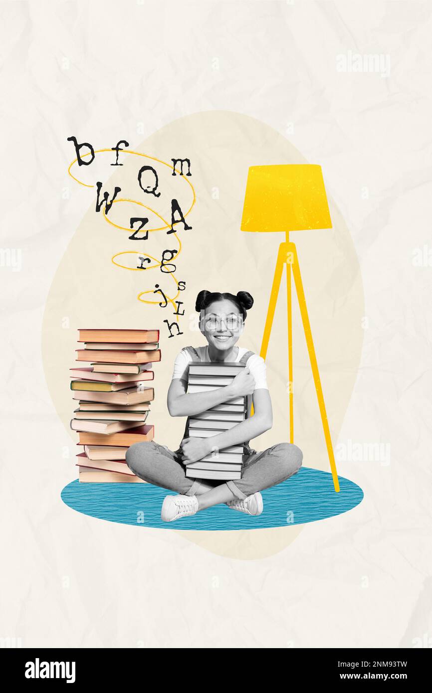 Poster banner image collage of nerd school lady enjoy reading book hug ...