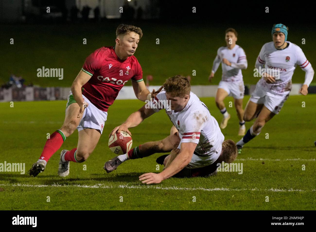 Joe Woodward of England U20's stretches for the line to score a try ...