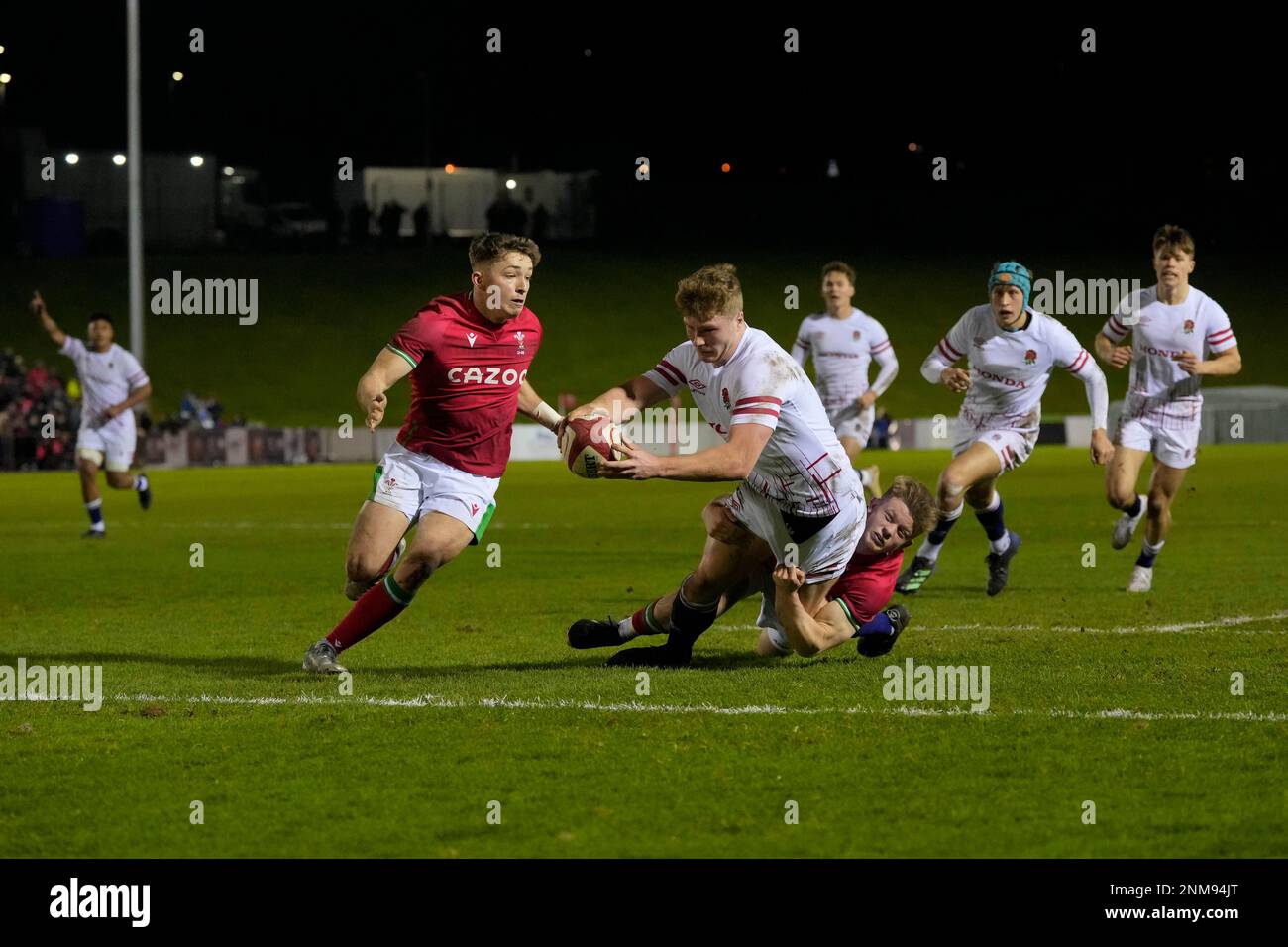 Joe Woodward of England U20's stretches for the line to score a try ...