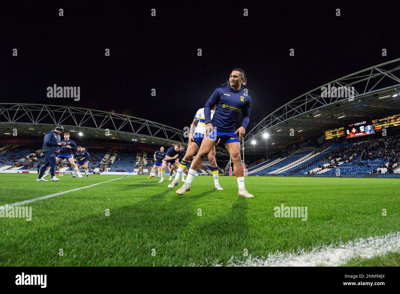 Pete Mata’utia #3 of Warrington Wolves stretches during pre match warm ...