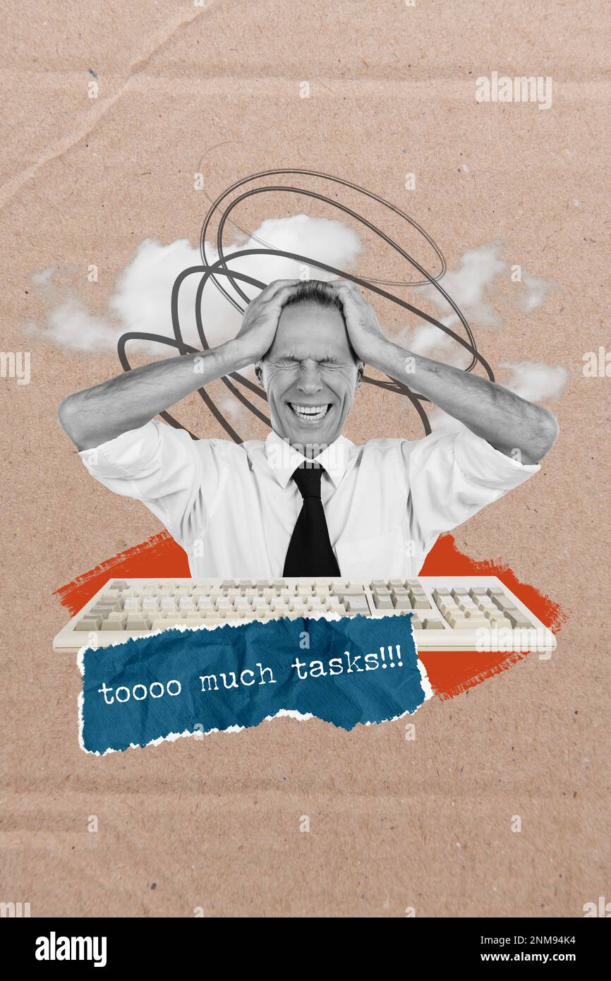 Banner poster collage of overwhelmed business worker feel fatigue too ...