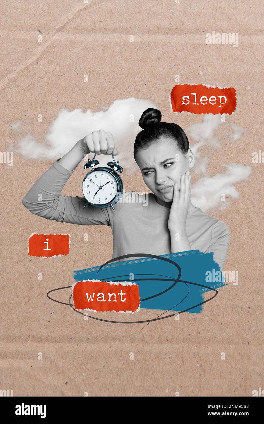 Creative magazine collage picture of unhappy tired lady wake up early ...